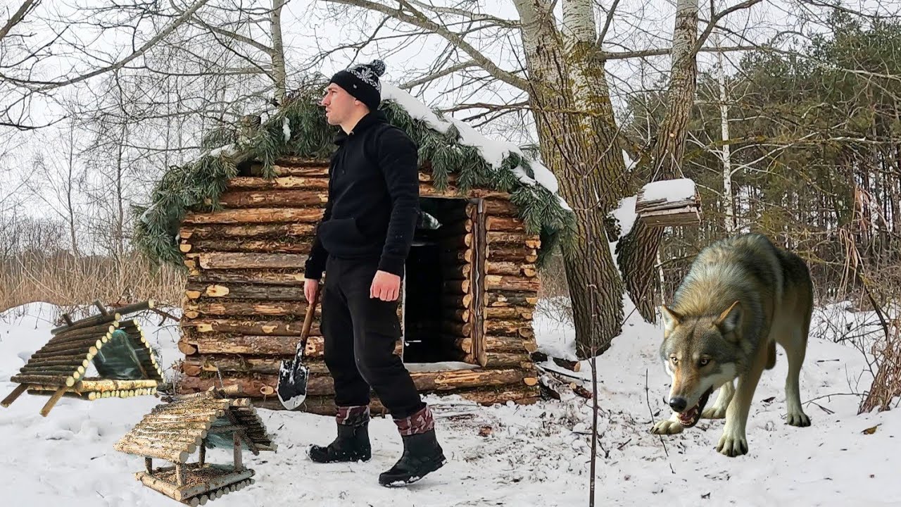Winter bushcraft in a wild beast's den. Building bird feeders and ...