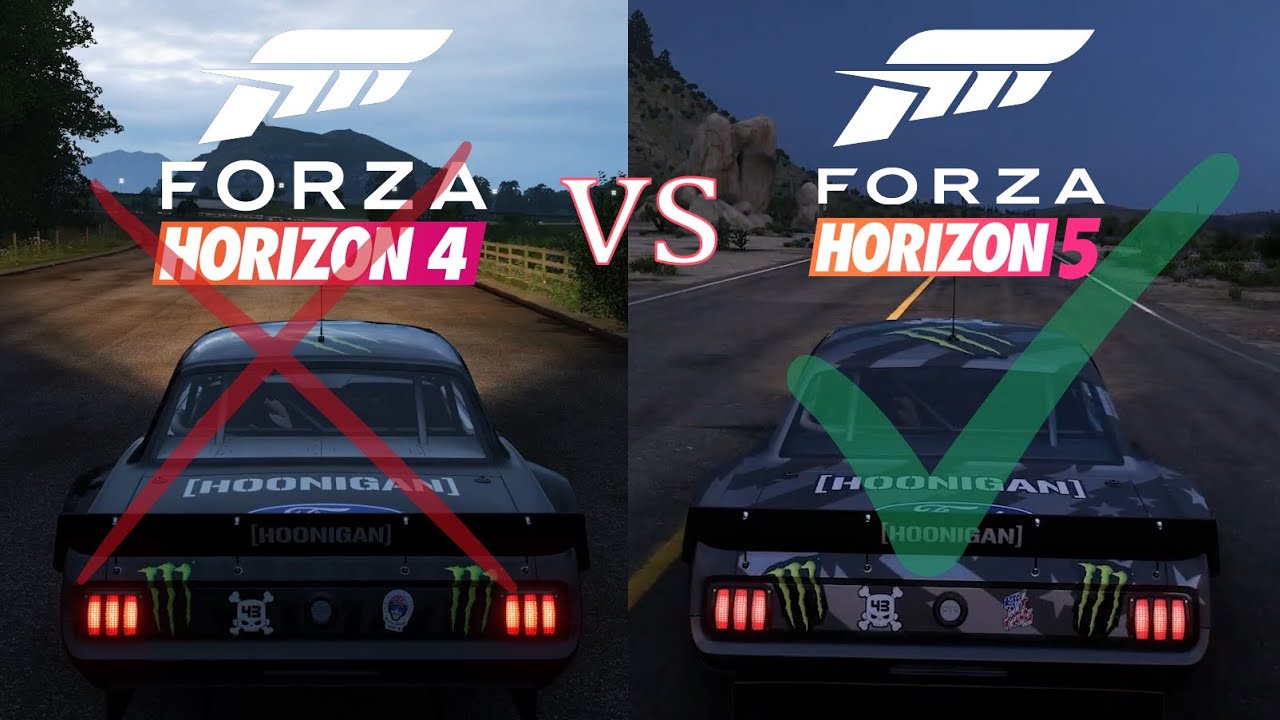 Forza Horizon 5 vs 4 gameplay and engine sounds comparison Ford Mustang ...