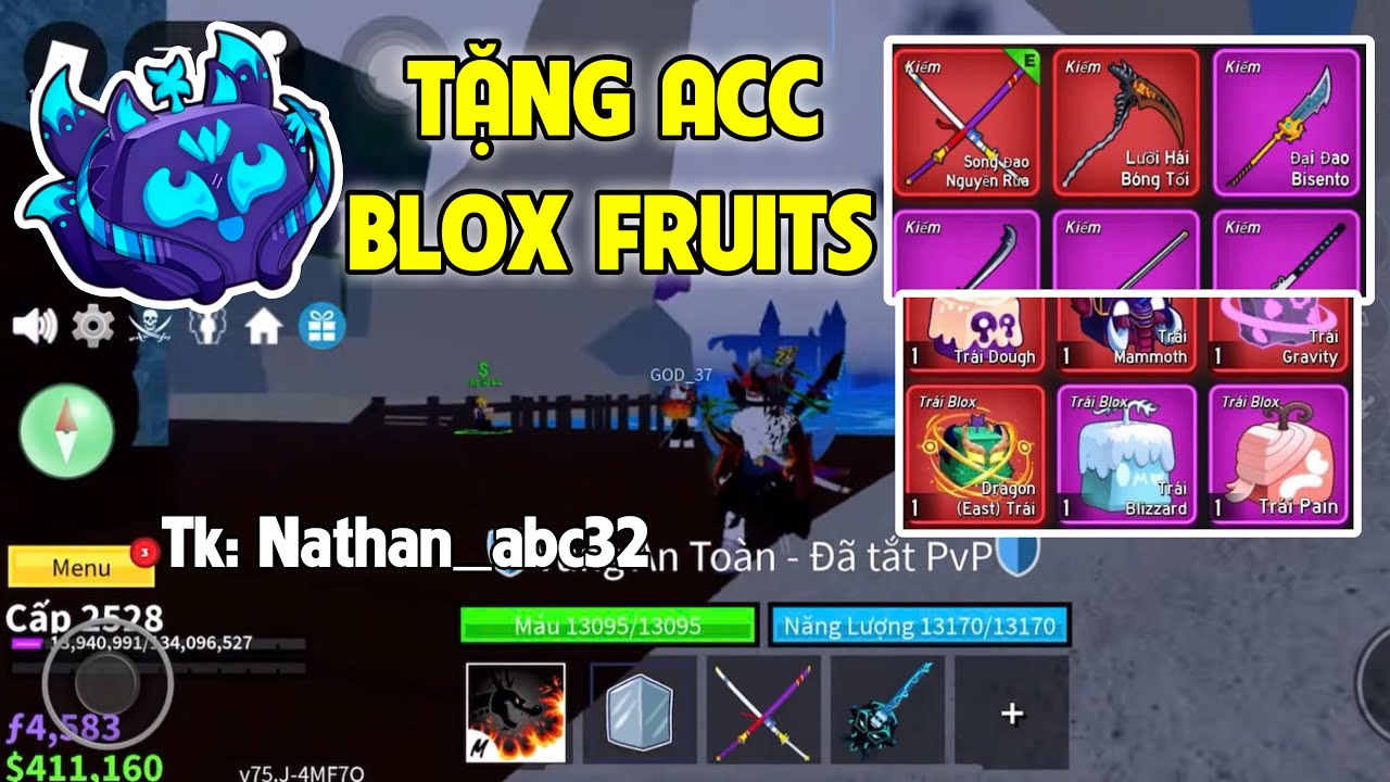 Tặng Acc Blox Fruits Trái Dragon V3, Song Đao Nguyền Rủa, Lưỡi Hái Bóng ...