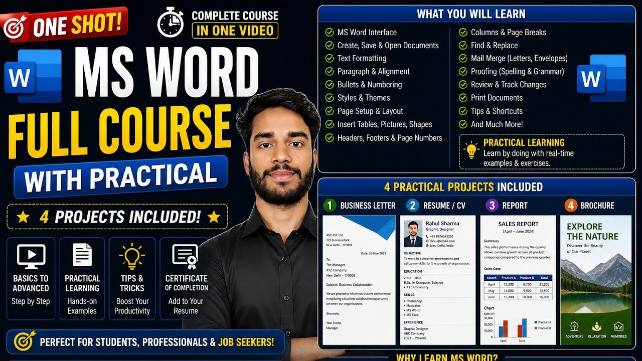 One Shot | MS Word Full Course with Practical | 4 Projects Included ...