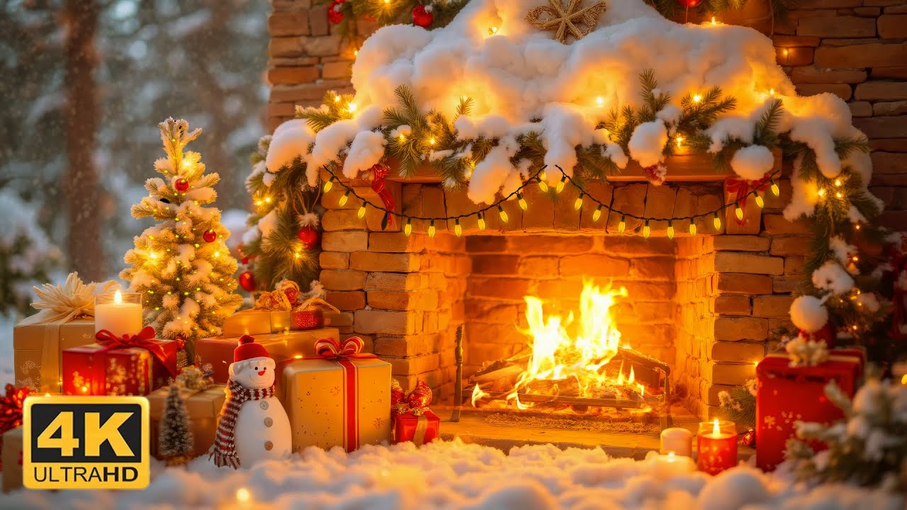 Christmas Music Fireplace Snow Falling ☃️Cozy Christmas Fireplace ...