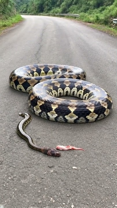 Mother and baby python sunbathing in the middle of the road...#python # ...