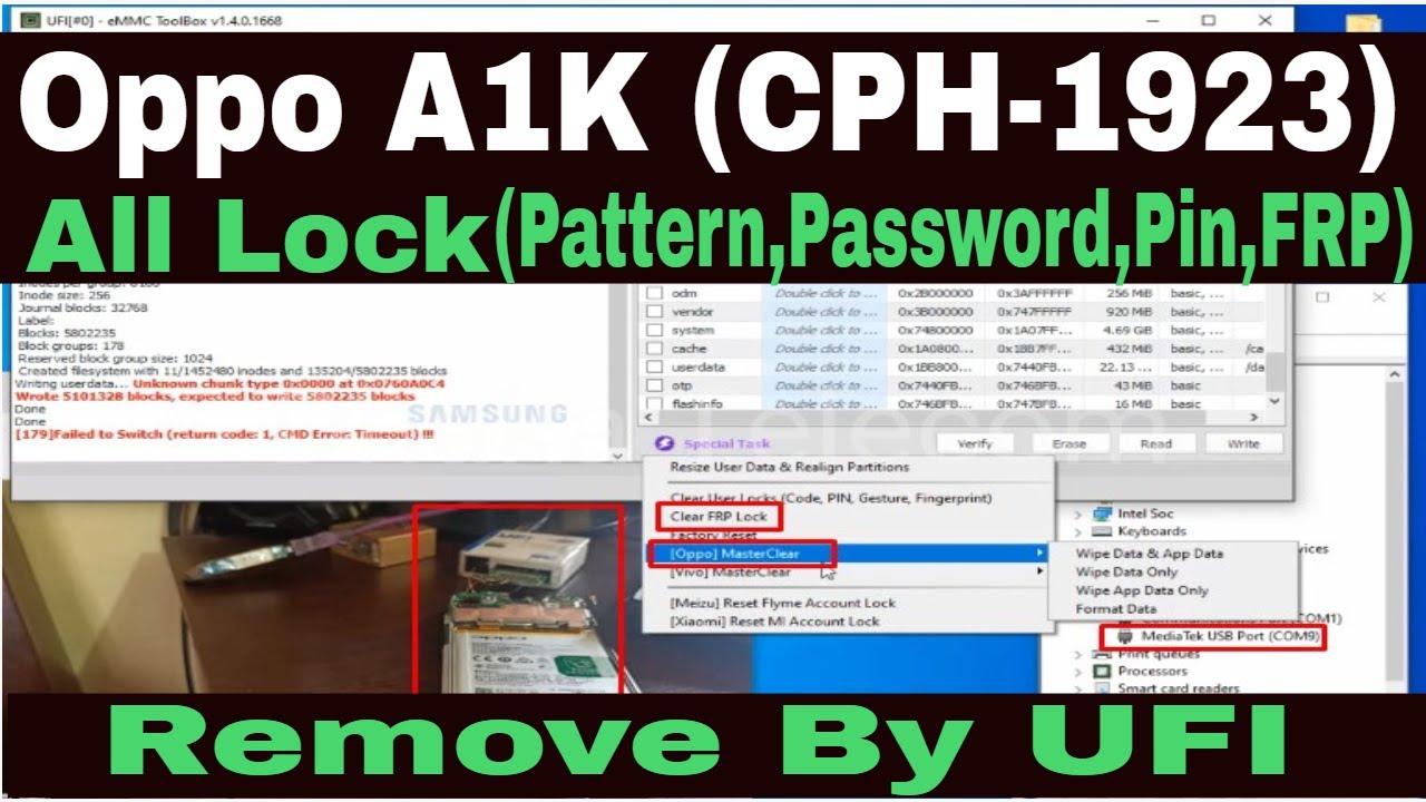 Oppo A1k CPH1923 Pattern Password Pin Lock Remove By UFI Box II Oppo ...