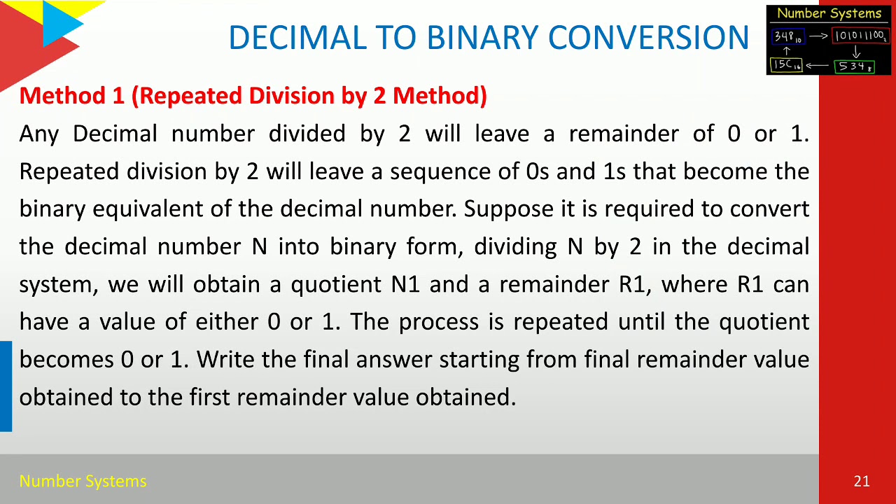 XI CS CH 2 NUMBER SYSTEMS Decimal to binary conversion - YouTube