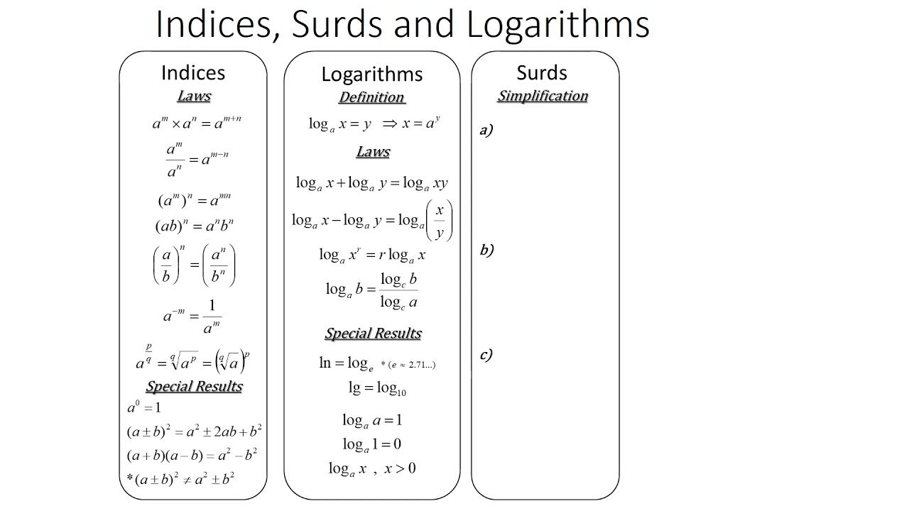 Indices Surds And Logarithms YouTube