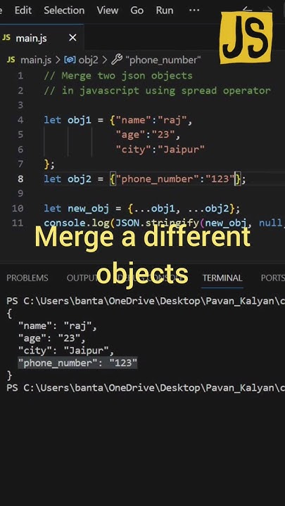 merge json objects using spread operator. #trending #trendingshorts #shortsfeed #shortsvideo # ...