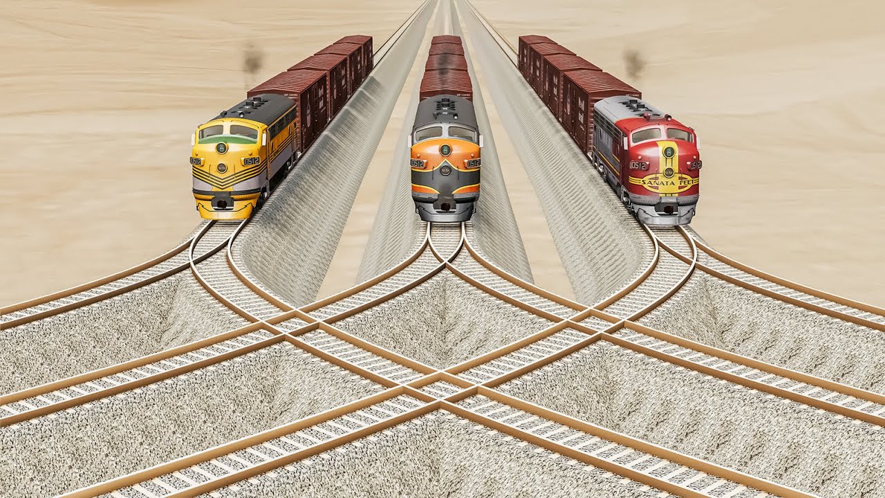 Big Mistake Triple Trains Crossing Diverging Rail Tracks - BeamNG.Drive ...