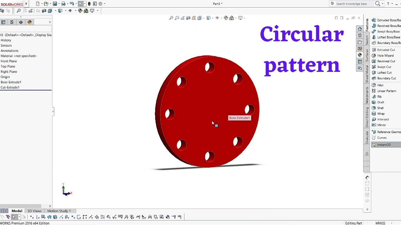 solidworks tutorial circular pattern/ by cad design - YouTube