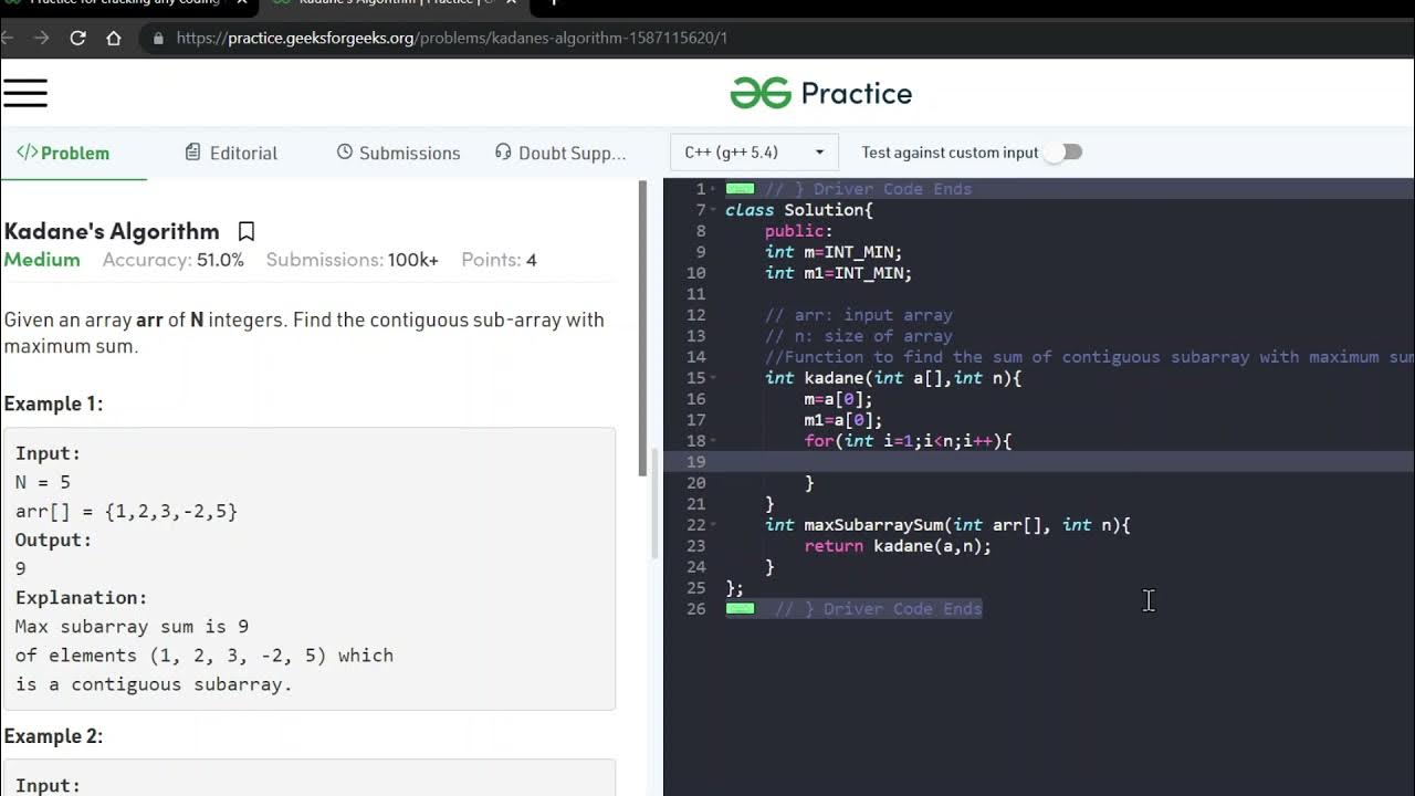 Kadane's Algorithm | GFG | Practice | Dynammic Approach - YouTube