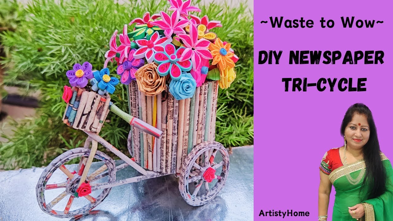 DIY Newspaper Tricycle with basket / Newspaper Craft/ Waste Material ...