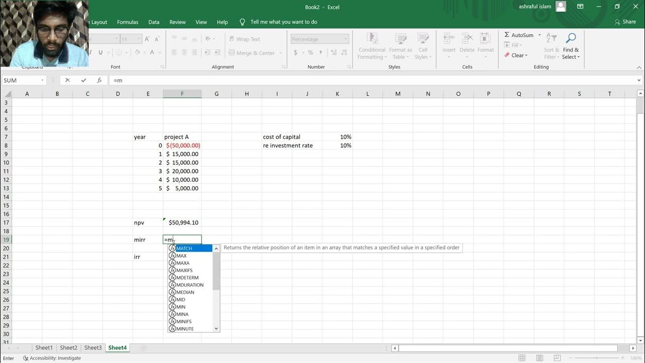 How to Calculate NPV IRR MIRR in Excel sheet - YouTube