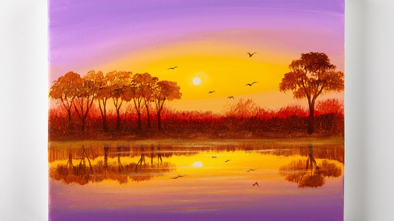 Easy Sunset Painting Tutorial for Beginners | Acrylic Sunset Painting ...