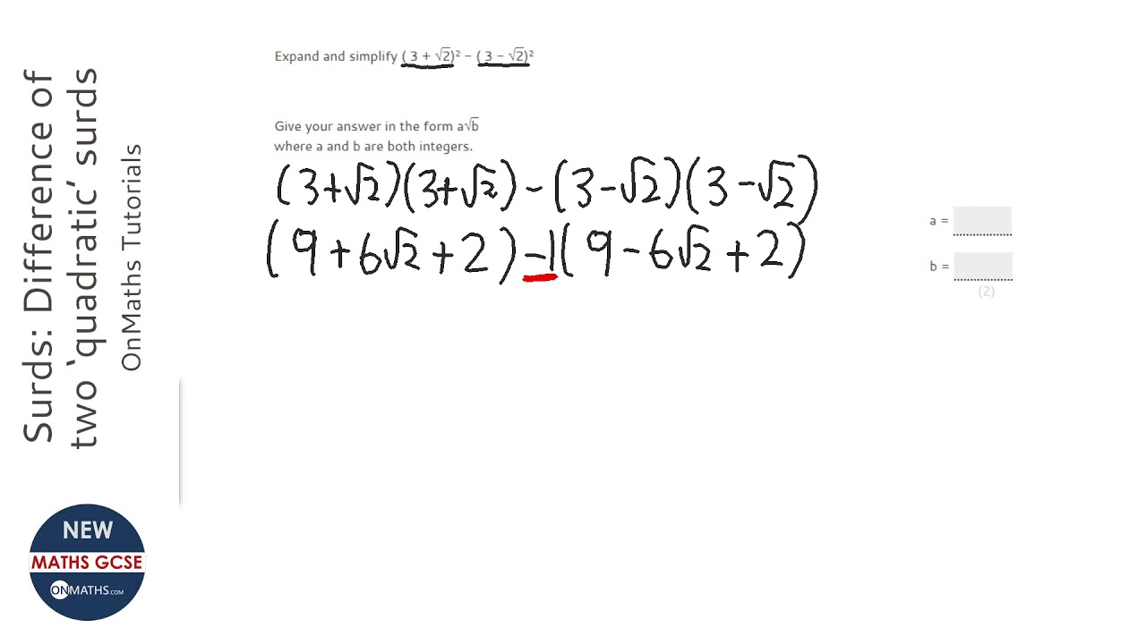 Surds: Difference of two ‘quadratic’ surds (Grade 8) - OnMaths GCSE ...