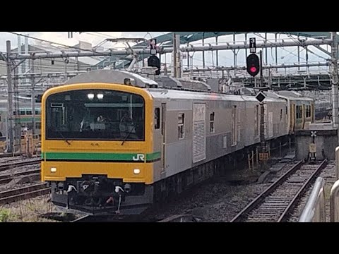 クモヤ牽引初のKY出場！《久留里線キハE130系 KY出場配給(全検)》クモヤE493系東ｵｸ02編成+キハE130系100番台千ﾏﾘ110編成が大宮駅3番線に入線到着停車！(配9144M ...