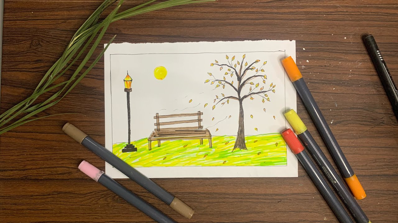 How to Draw a Peaceful Park Scene | Simple Landscape Art For Beginners ...