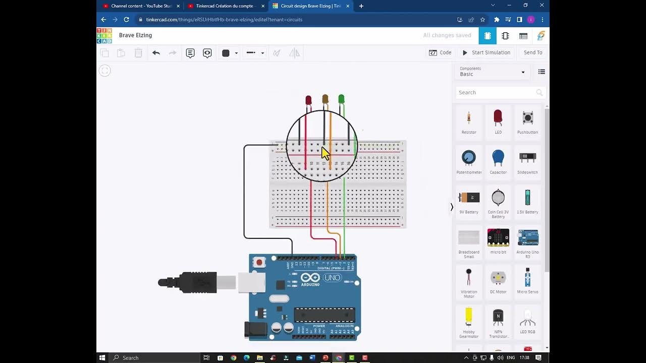 exercice 3 feux de circulation 3 LEDs Tinkercad - YouTube