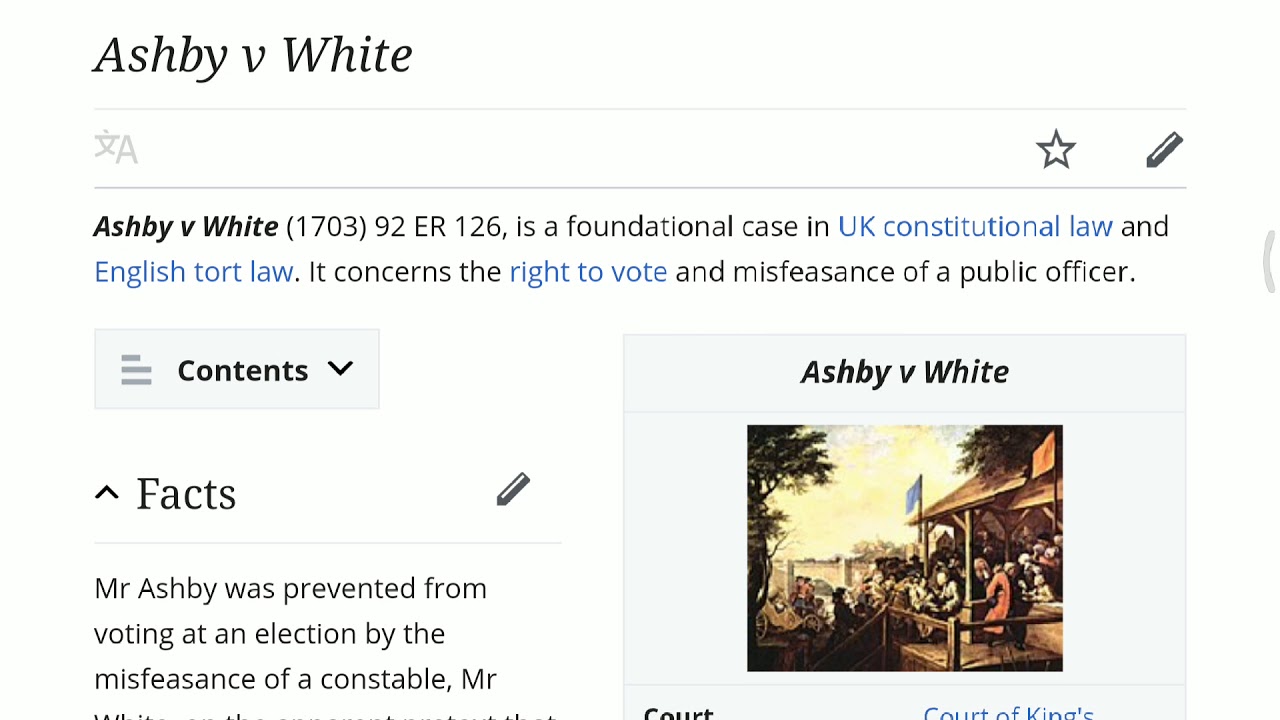 Ashby v White [1703] | Law of Torts | Equity and Trust - YouTube