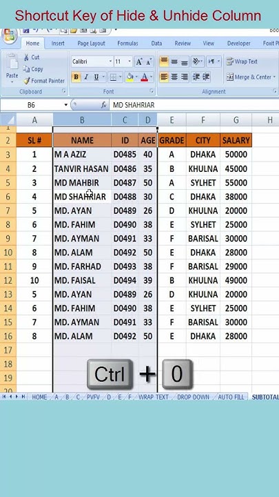 Shortcut Key for Hide and Unhide Column in Excel #excelshorts #exceltips #exceltech - YouTube
