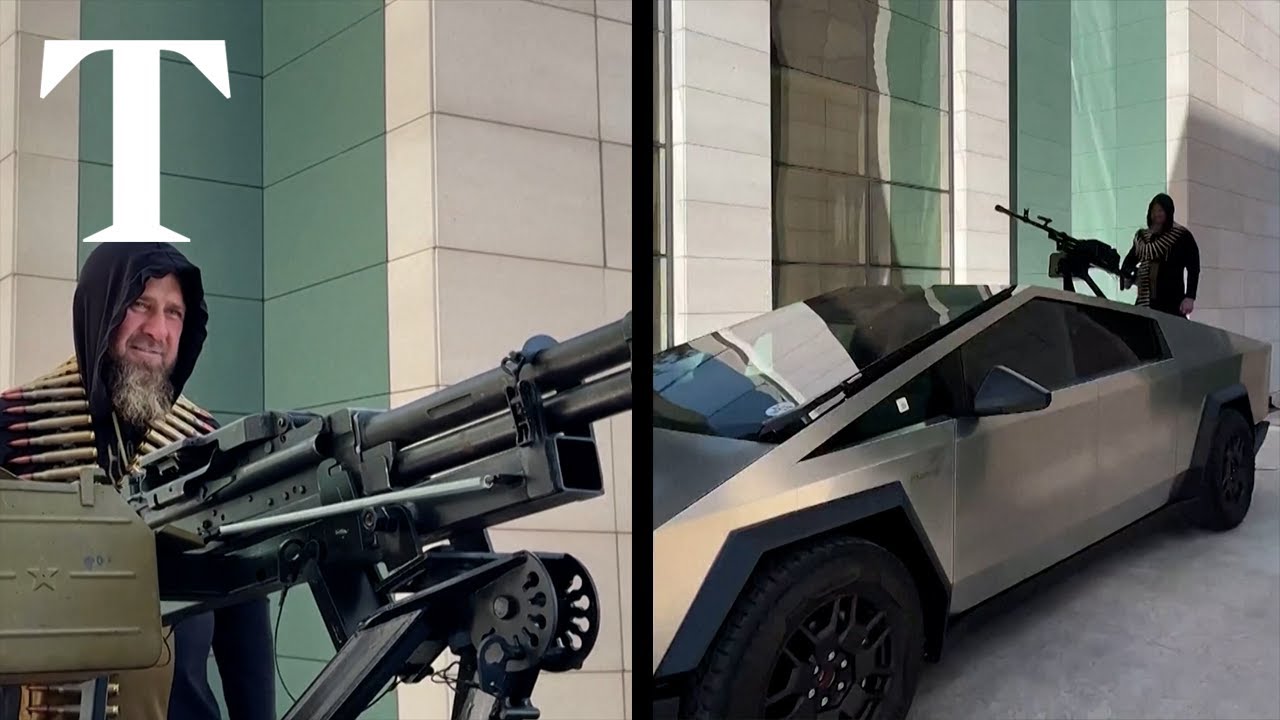 Chechen leader equips Tesla with machine gun to fight Ukraine - YouTube