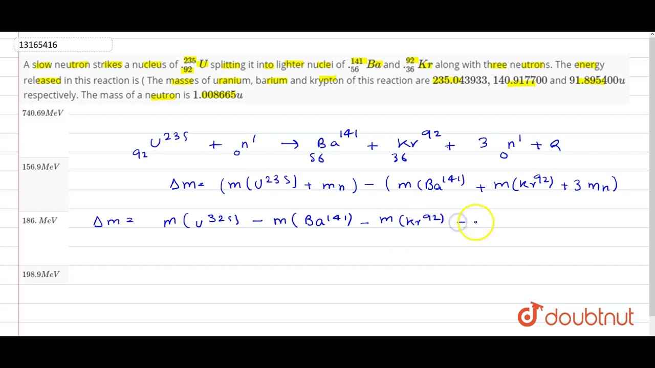 A slow neutron strikes a nucleus of `._(92)^(235)U` splitting it into ...