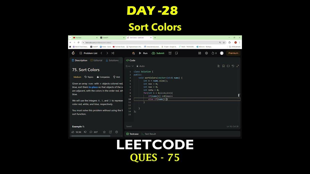CURRENT CODERS 19/1000 SOLVING LEETCODE QUESTION QUES-75(SORT COLORS) #shorts #leetcode #dsa # ...