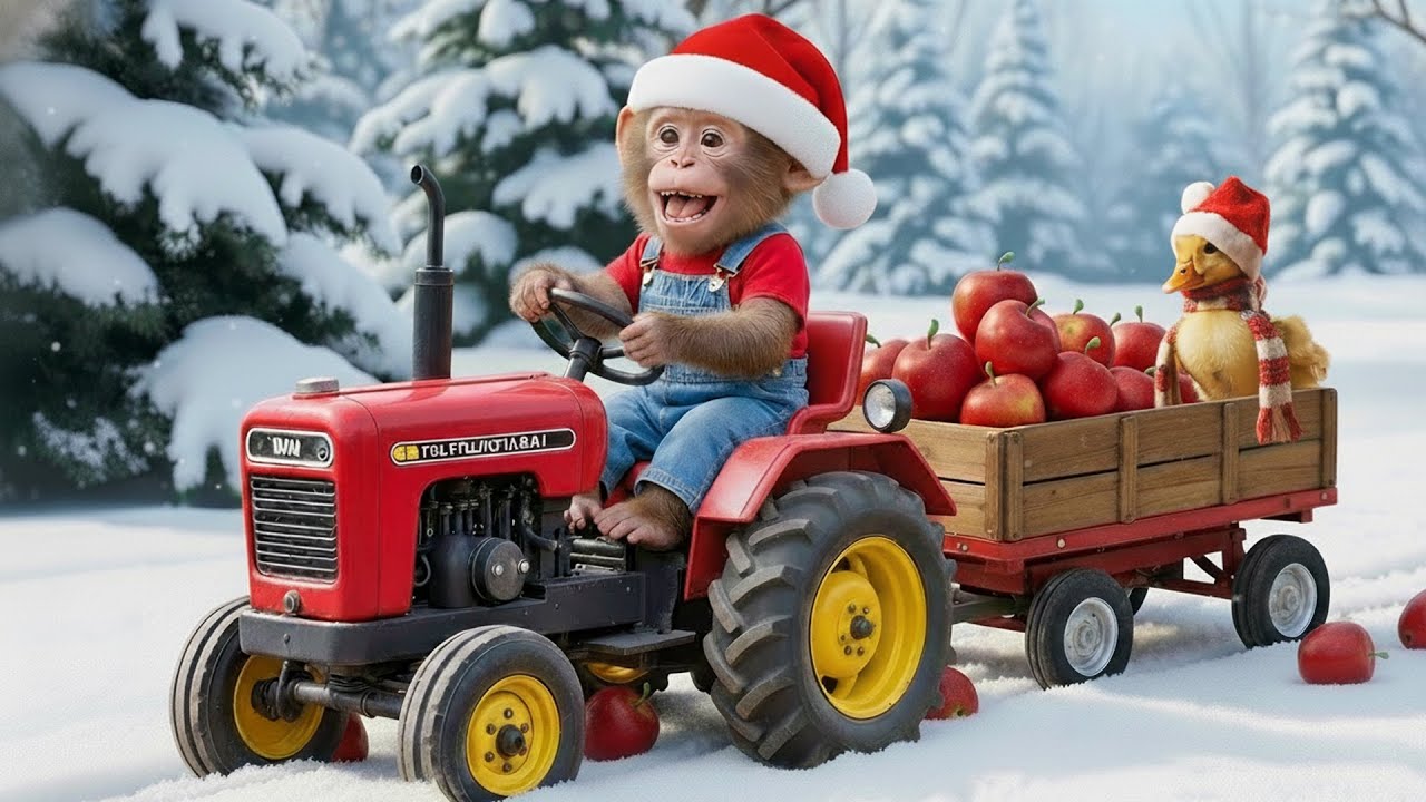 Monkey Tony Drives Tractor to Harvest Apples with Duckling 🎄 Making ...