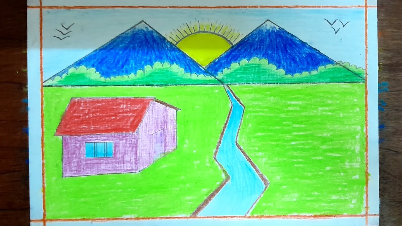 how to draw a mountain with house scenery | BDaad - YouTube