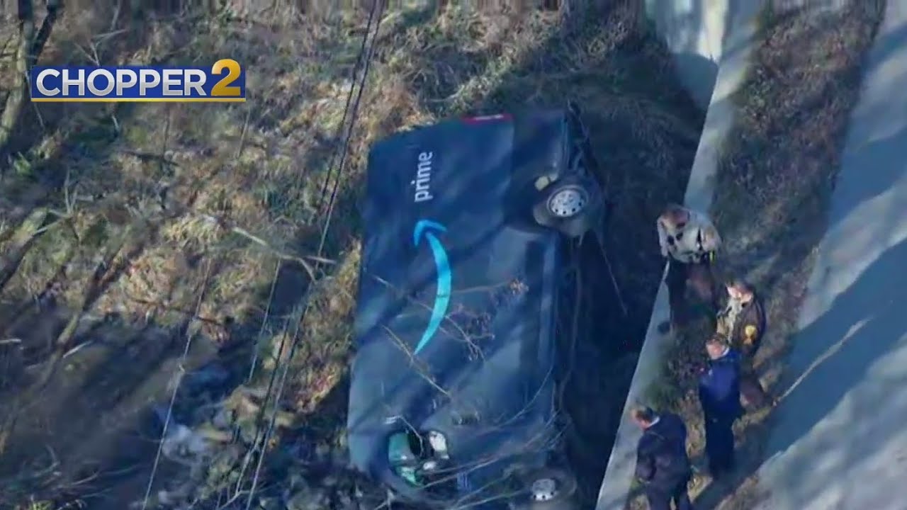 Amazon delivery van drives into small creek in Frankfort - YouTube