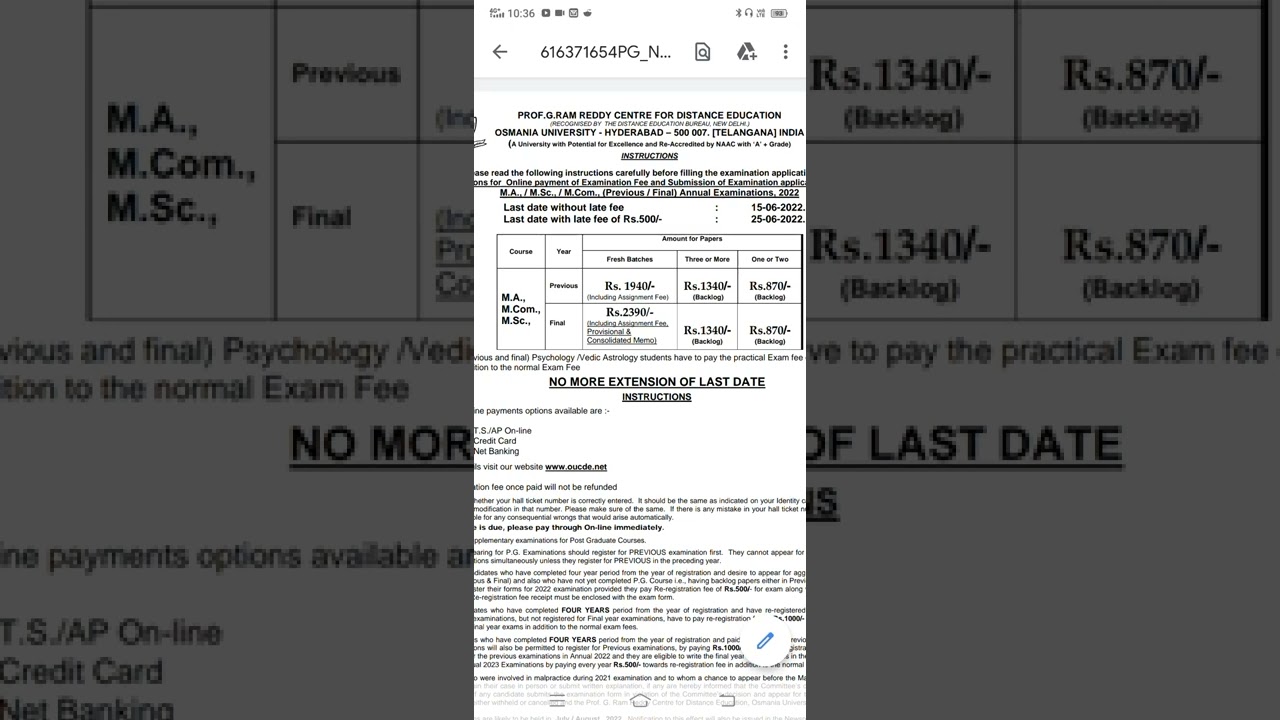 PGRRCDE Distance Education MA,MCom, M.Sc 1st & Final Year Exam Fees ...