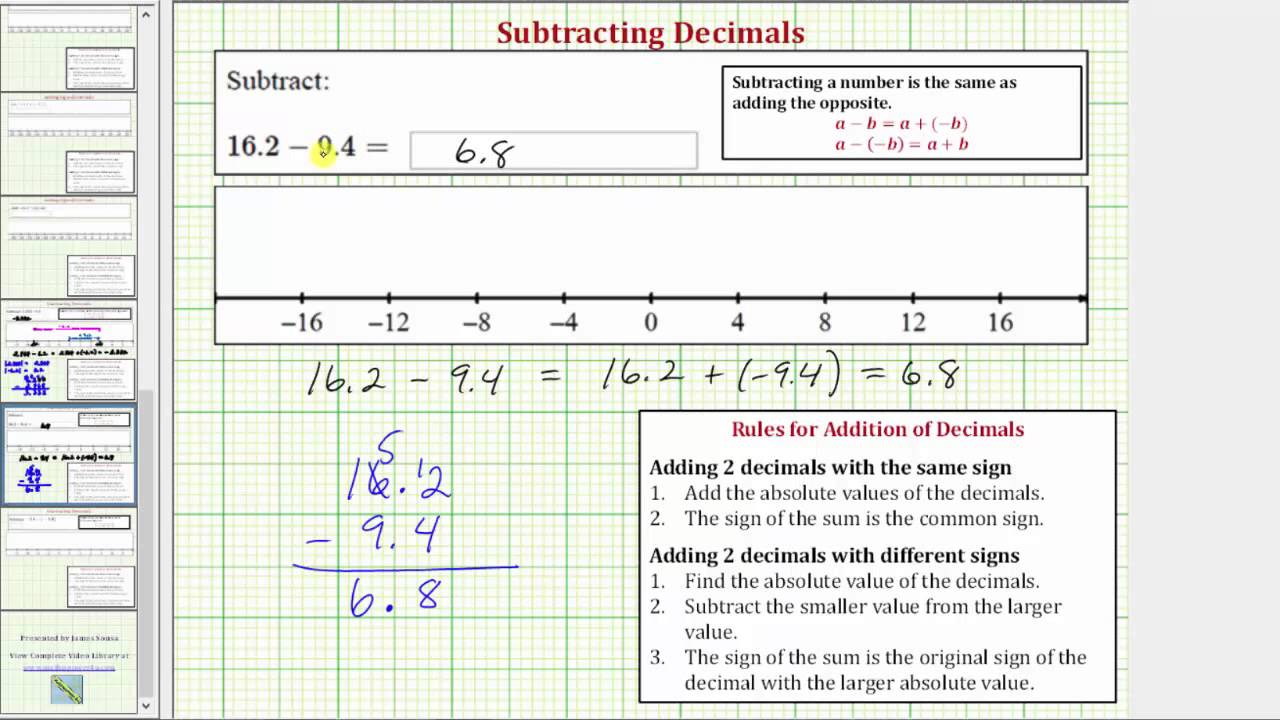 Ex: Subtracting Signed Decimals (Positive Minus Positive with Positive Difference) - YouTube