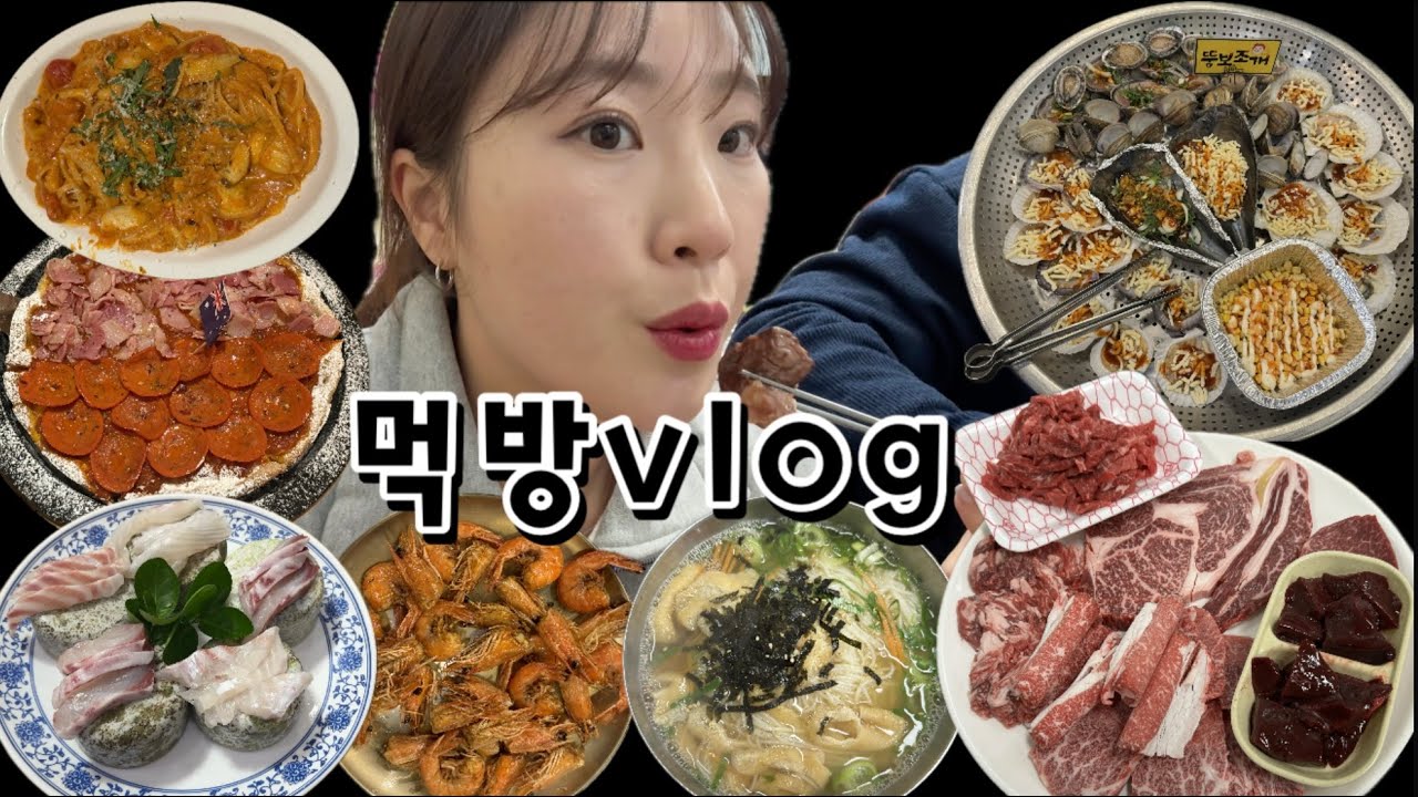 먹방vlog 취직해서 기분이가 너무 좋아버렸💖 모듬회 시카고피자 쉬림프로제파스타 소고기 육회 청국장 멸치국수 조개구이