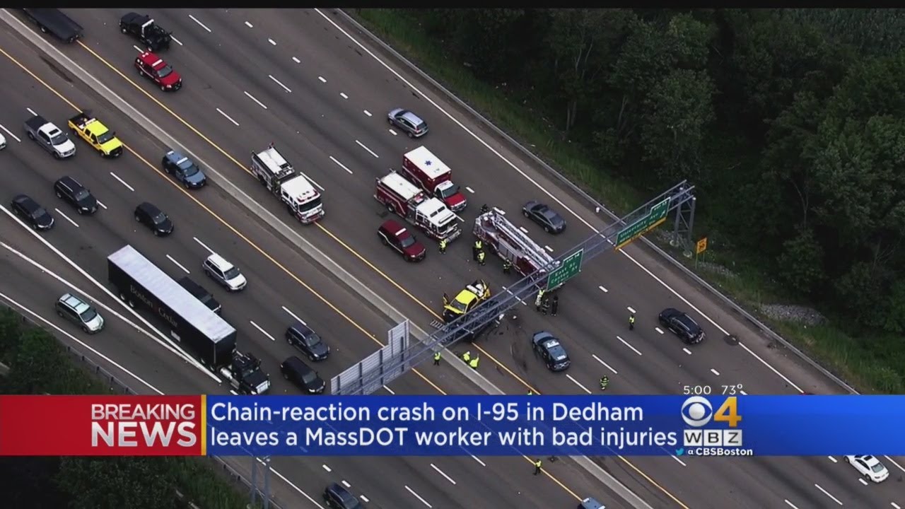 MassDOT Truck Crash Briefly Shuts Down I-95 In Dedham - YouTube
