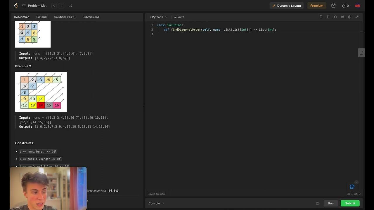 Diagonal Traverse Ii 1424 Leetcode Python3 Youtube
