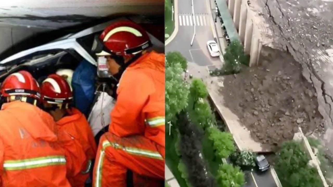 Man rescued from car trapped beneath collapsed wall in N China - YouTube
