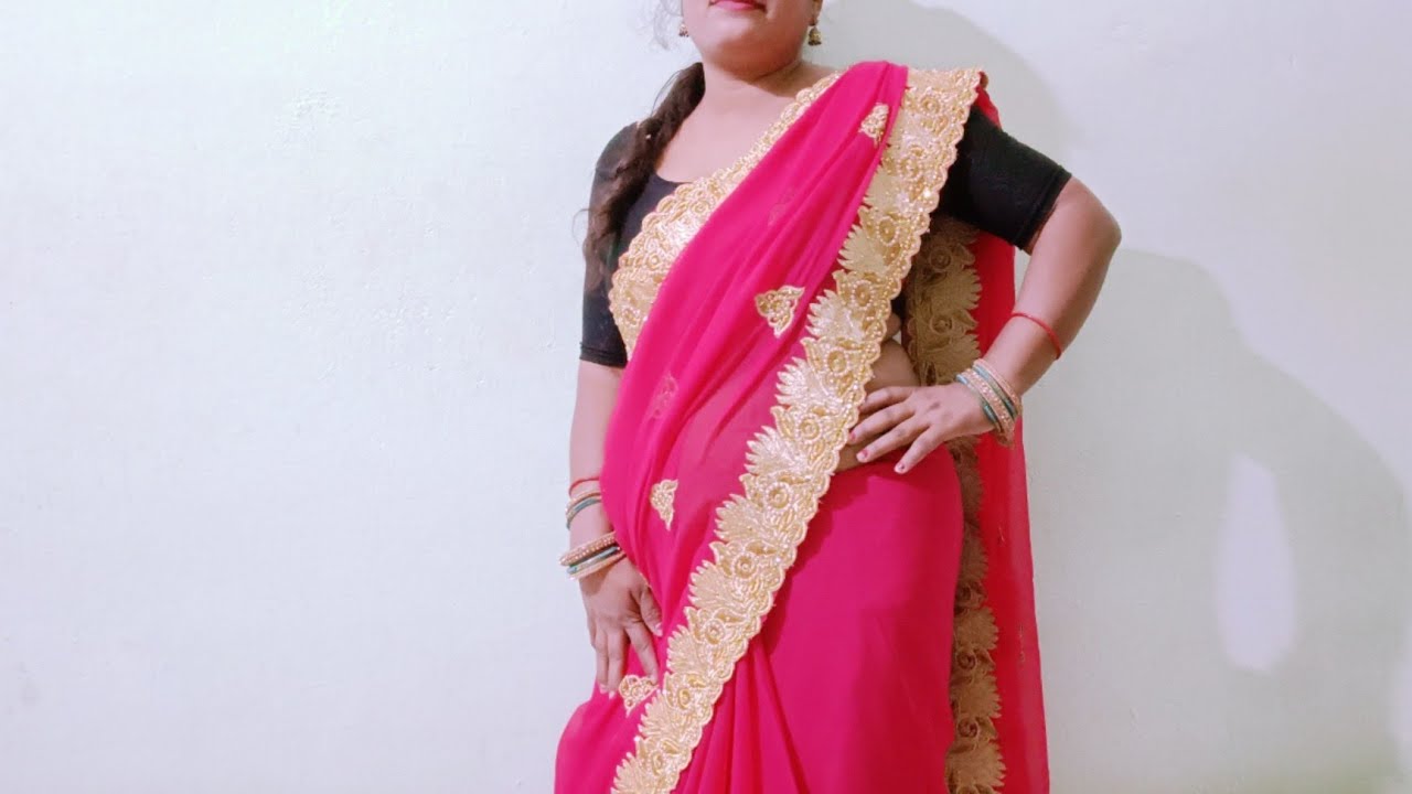 pink embroidery saree draping in low waist style with naree || low ...