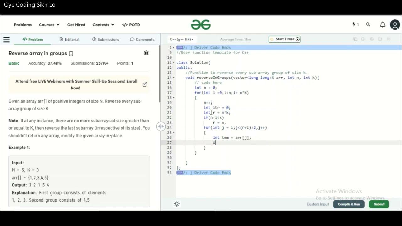 GFG | reverse array in group | #gfg #dsa #geeksforgeeks - YouTube
