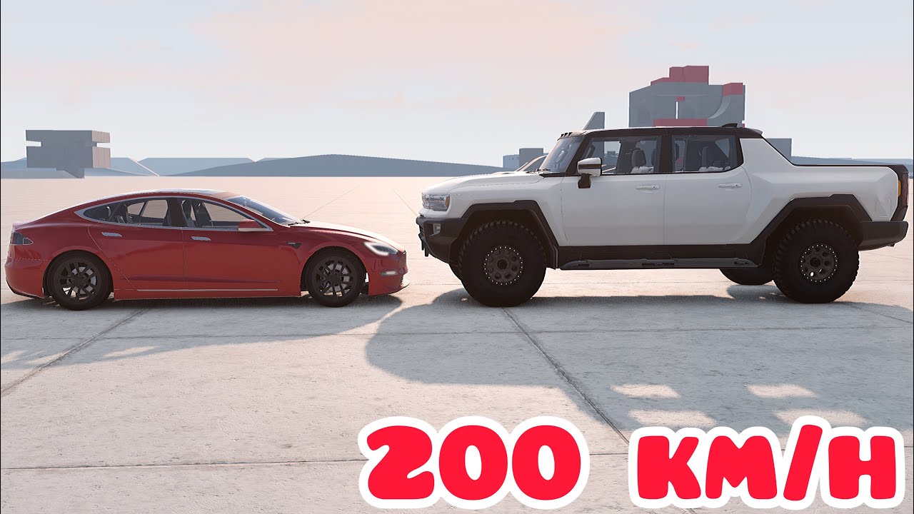 Tesla Model S Plaid vs GMC Hummer EV 💥 200 km/h (each one) 💥 BeamNG ...