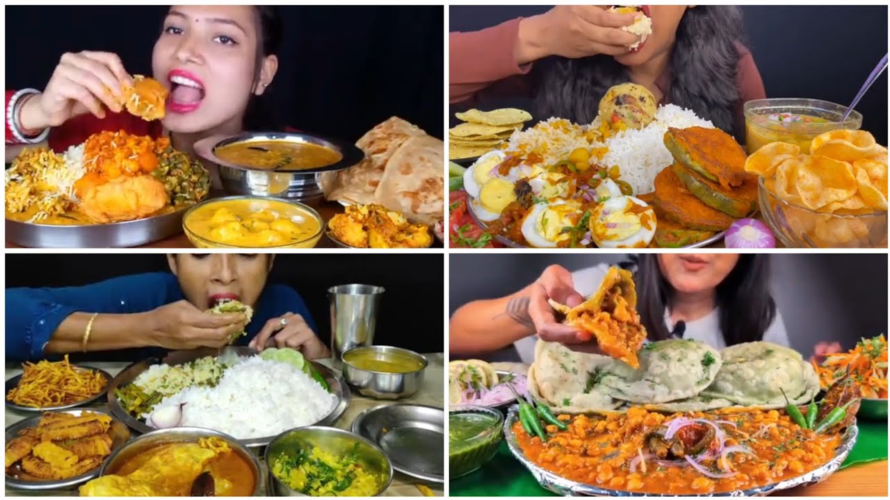 ASMR Eating Daal, Chawal, Pakode, Egg Masala, Alu Gobhi, Mutter Poori ...