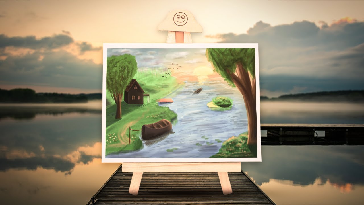 Zachód nad jeziorem 💦 Rysunek Photoshop - YouTube