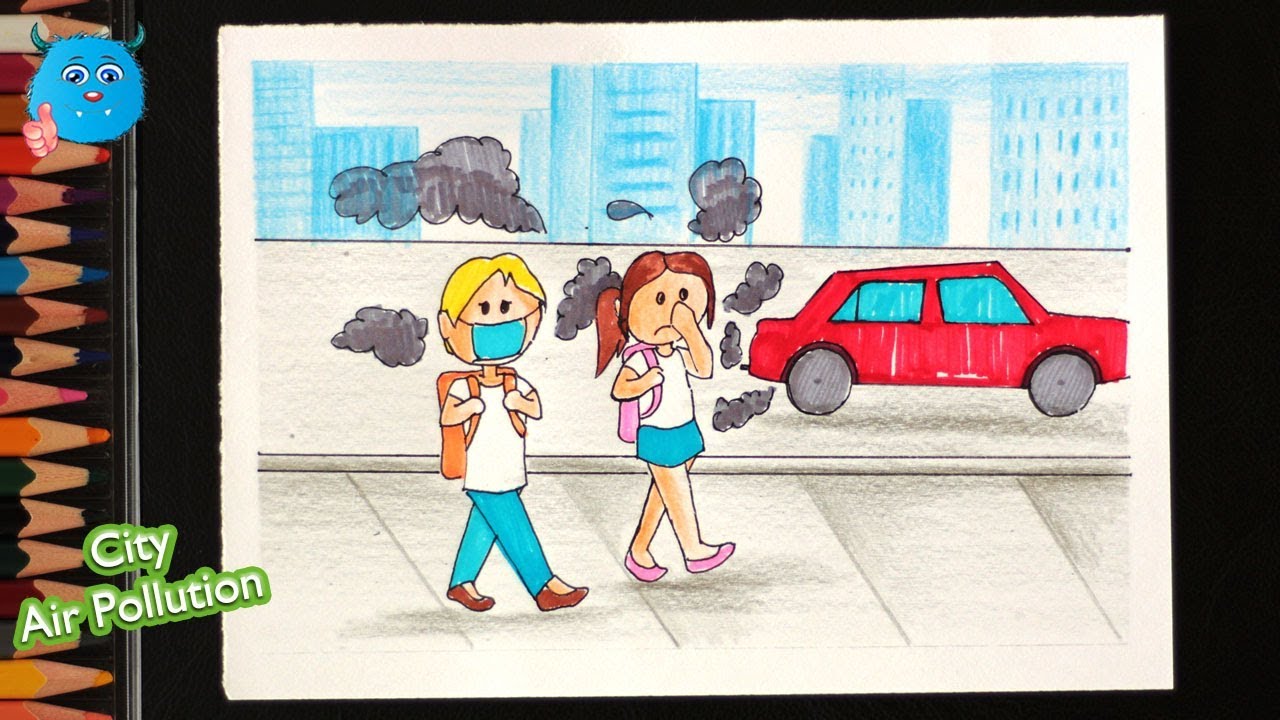 How to draw air pollution of city road scene drawing for environment ...