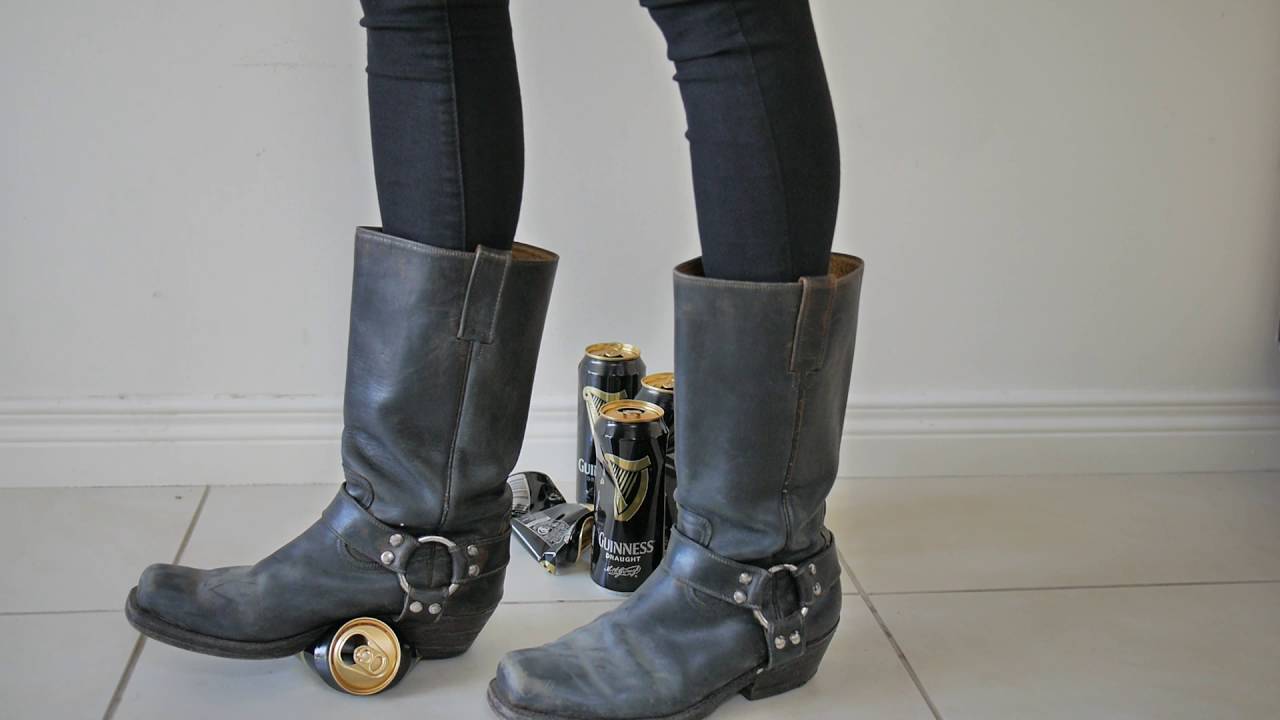 Crushing cans with harness boots - YouTube