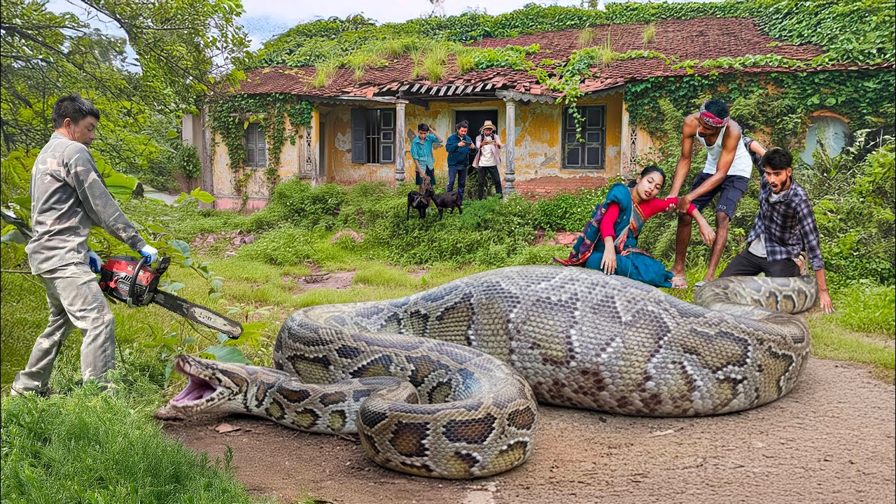 Anaconda Snake Attack Boys In Forest | Brave Hunter Uses Chainsaw To ...