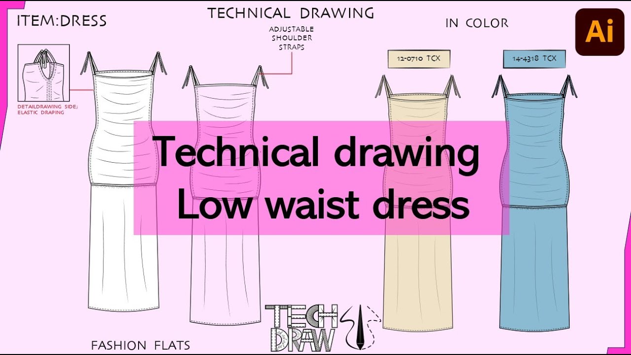 How to draw a fashion technical drawing of Low waist dress on ...