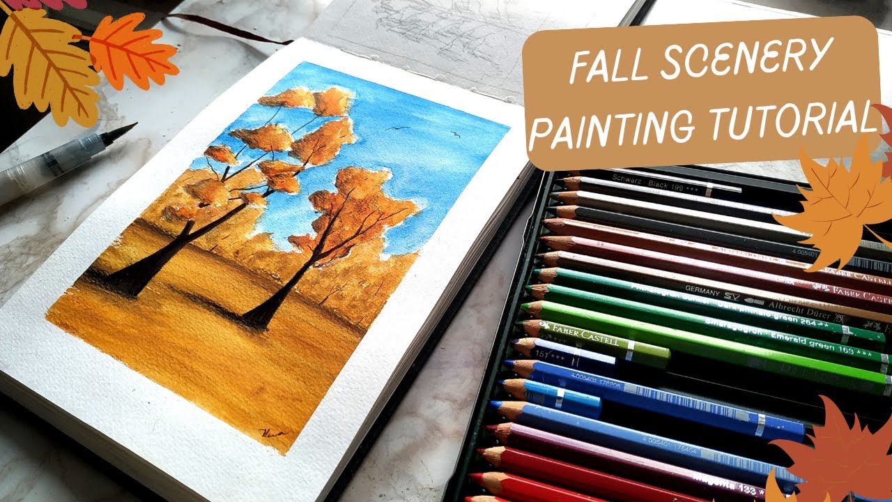 Fall scenery painting tutorial using watercolor pencils - YouTube