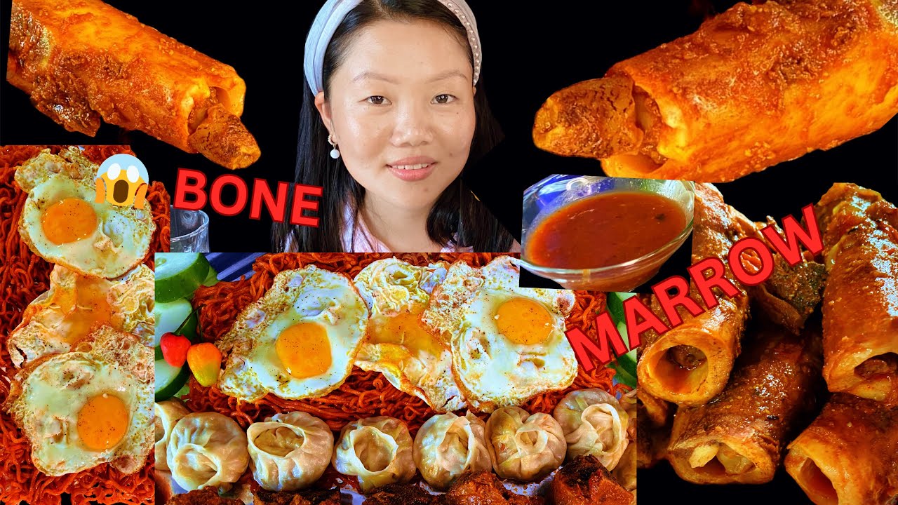 BUFFALO BONE MARROW WITH JUICY CHICKEN MOMO 2XSPICYNOODLE 🍝Sunny side up eggs 🍳 Akbarekhorsani 🥵 ...