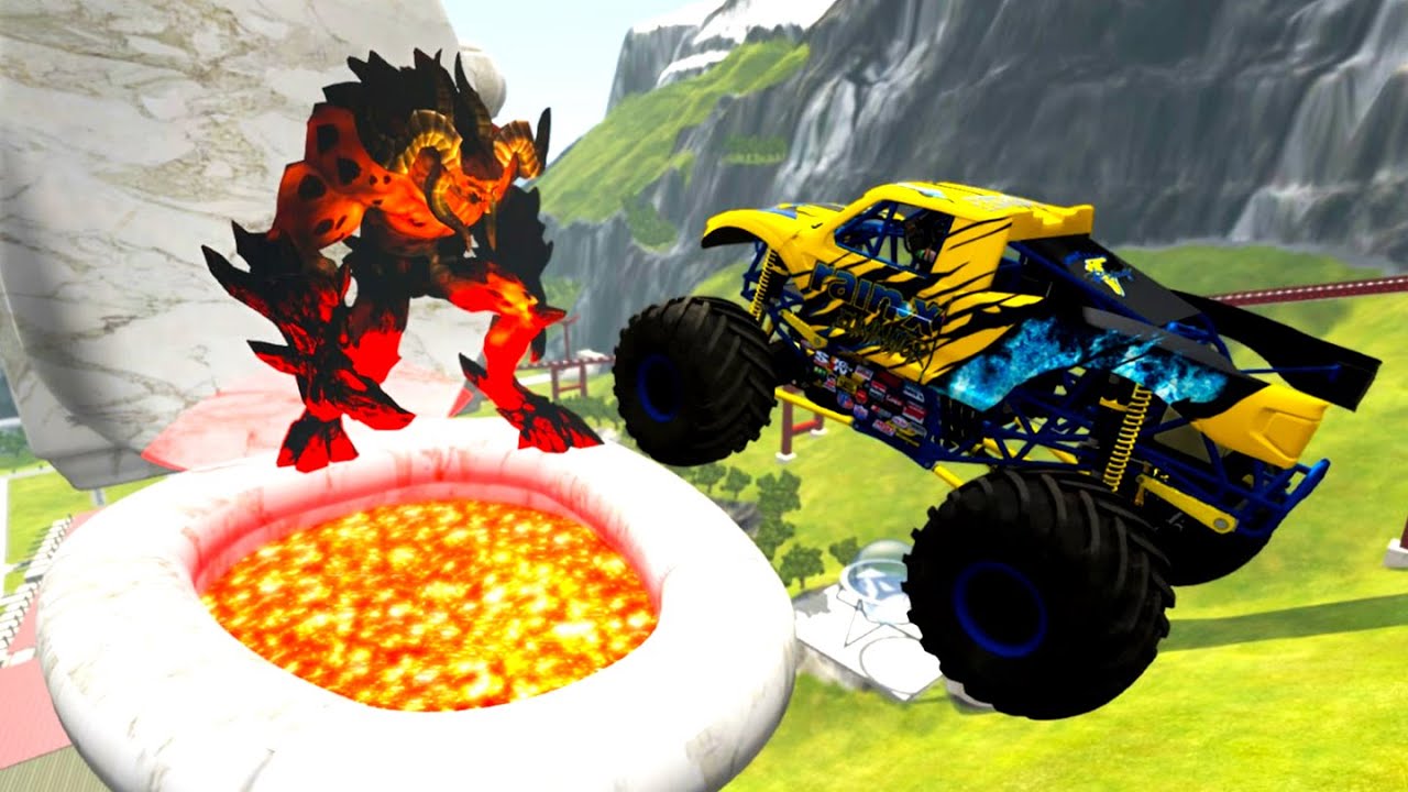 Cars Jumping Into a giant devil toilet with lava * BeamNG.Drive - YouTube