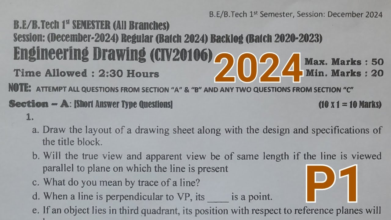 Engineering Drawing 2024 Paper 1st Semester B.tech CSE Kashmir ...