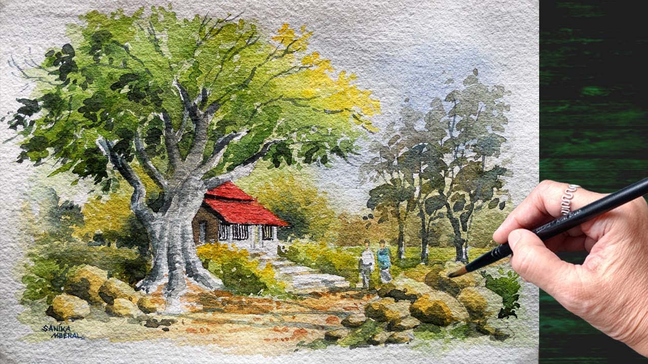 🎨 How To Paint | Landscape Painting | Village Painting | Watercolor ...