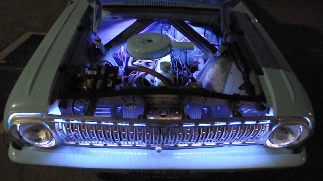 1962 Ford Ranchero Engine bay lighting Blue and white LED'S - YouTube