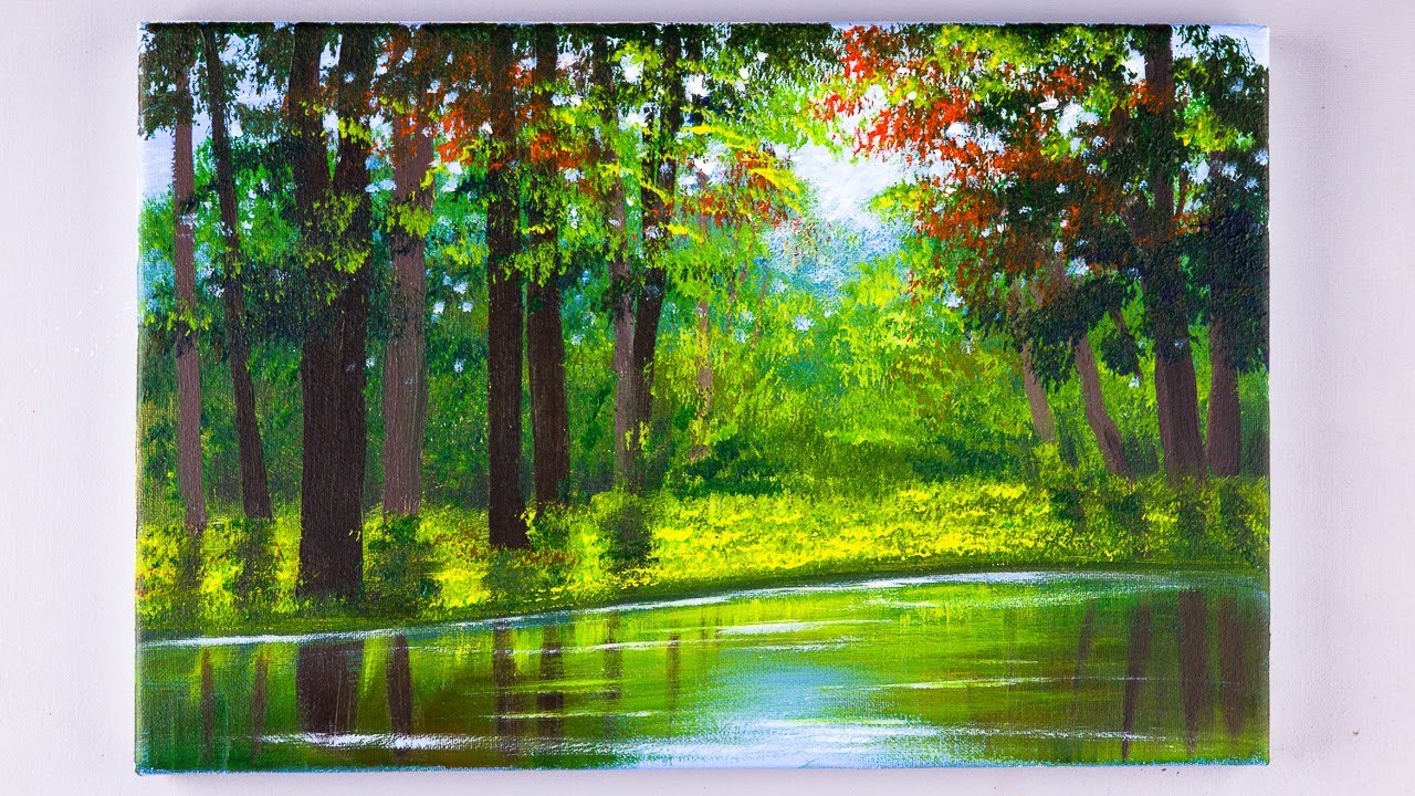 Forest painting / Forest Lake Painting / Acrylic Painting - YouTube
